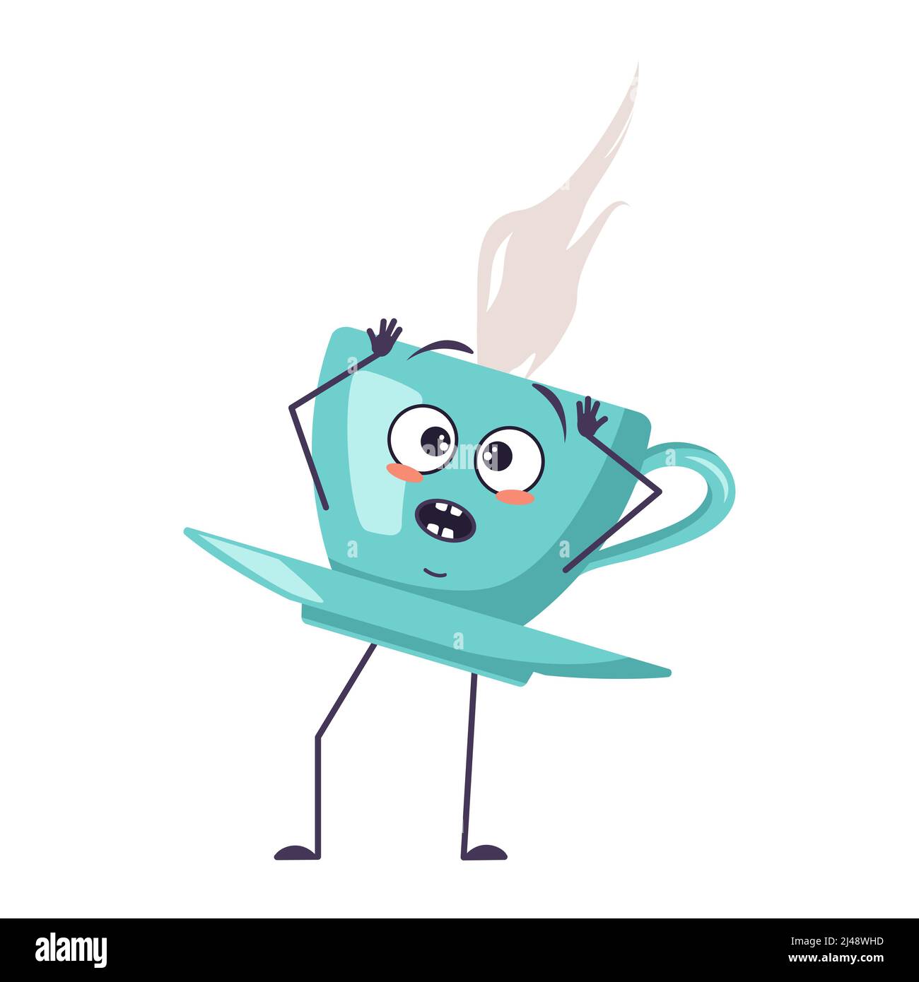 Cute cup of tea character with emotions in a panic grabs his head, face ...