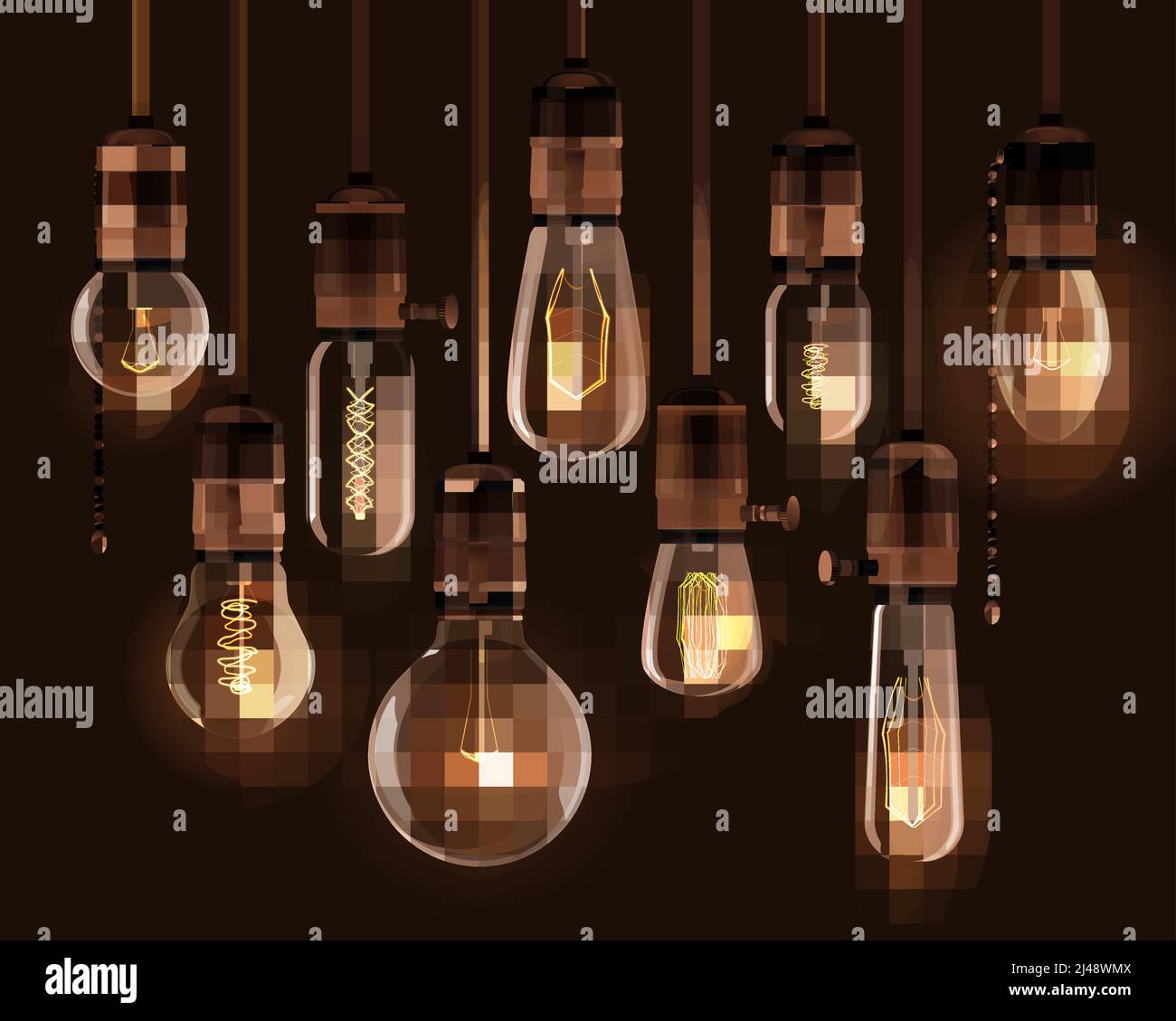 Realistic vintage glowing light bulbs icon set with hanging downward from the ceiling vector ...