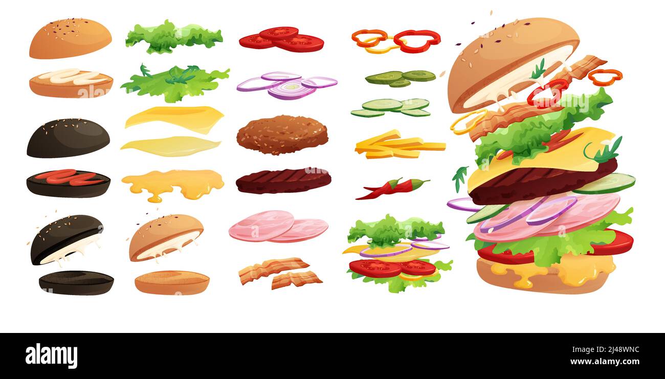 Burgers ingredients set: buns, chili, tomato, cheese, bacon, cucumber ...