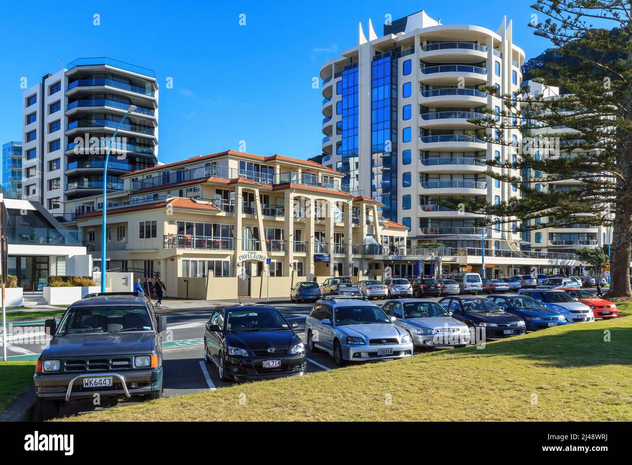 High-rise hotels and apartment blocks in Mount Maunganui, a popular ...