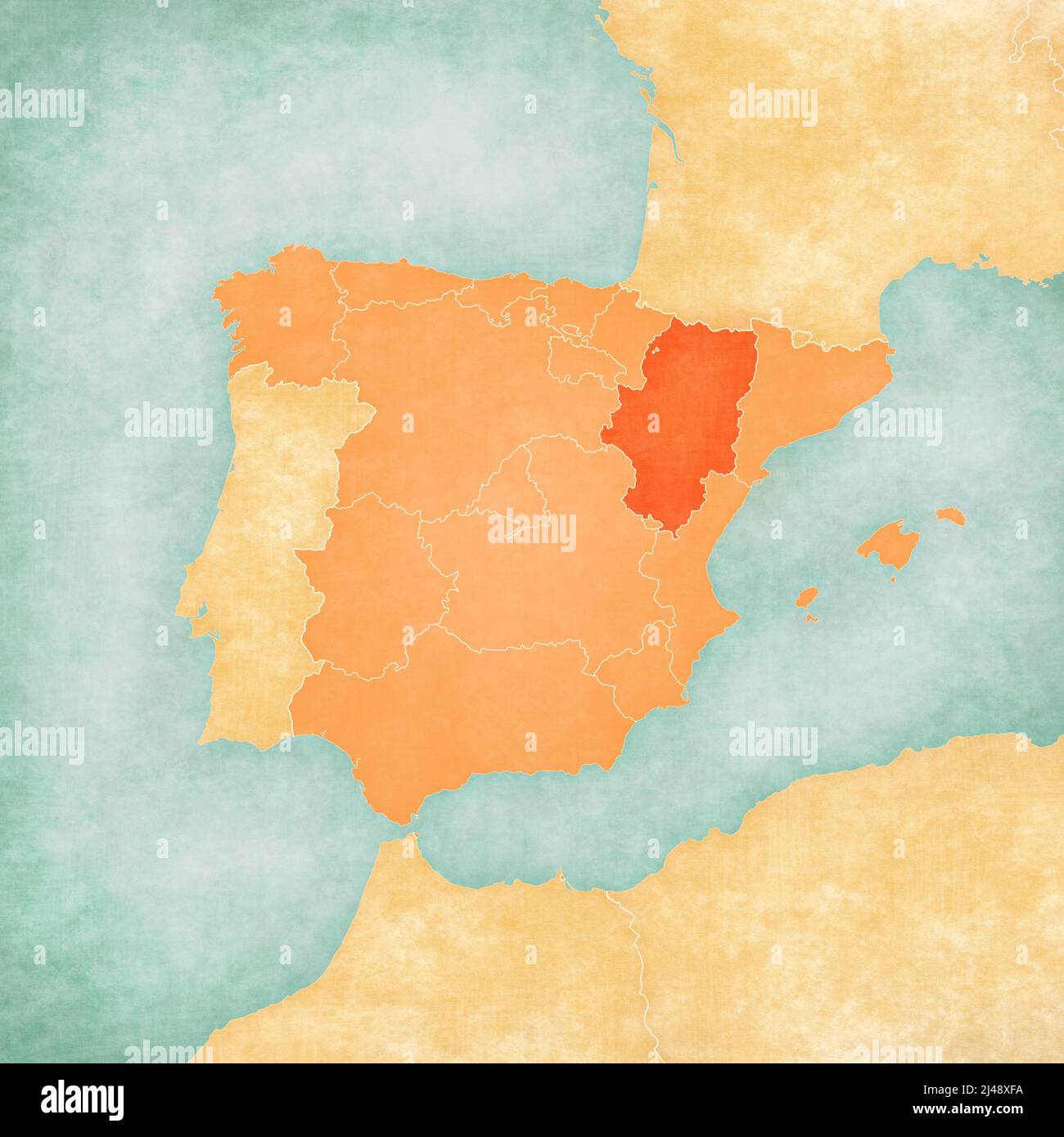 Aragon (Spain) on the map of Iberian Peninsula in soft grunge and ...
