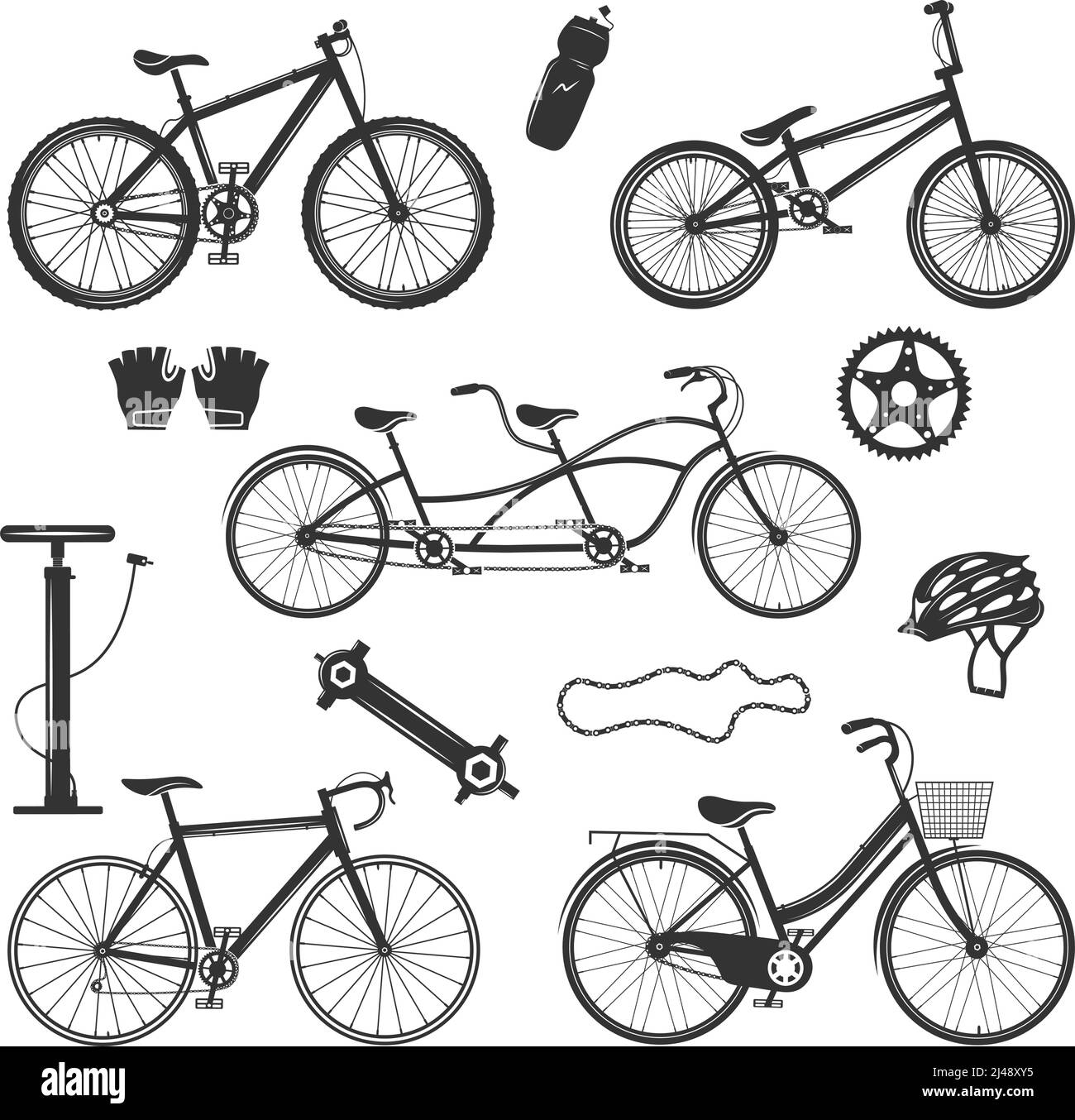 Bicycle vintage elements collection of isolated silhouette images with ...