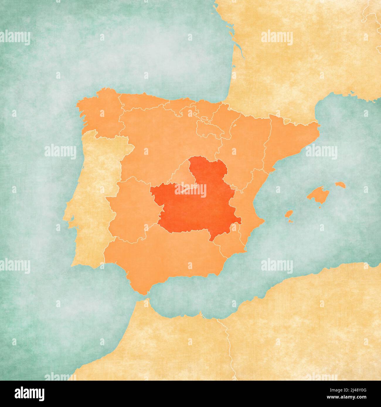 Castilla-La Mancha (Spain) on the map of Iberian Peninsula in soft ...