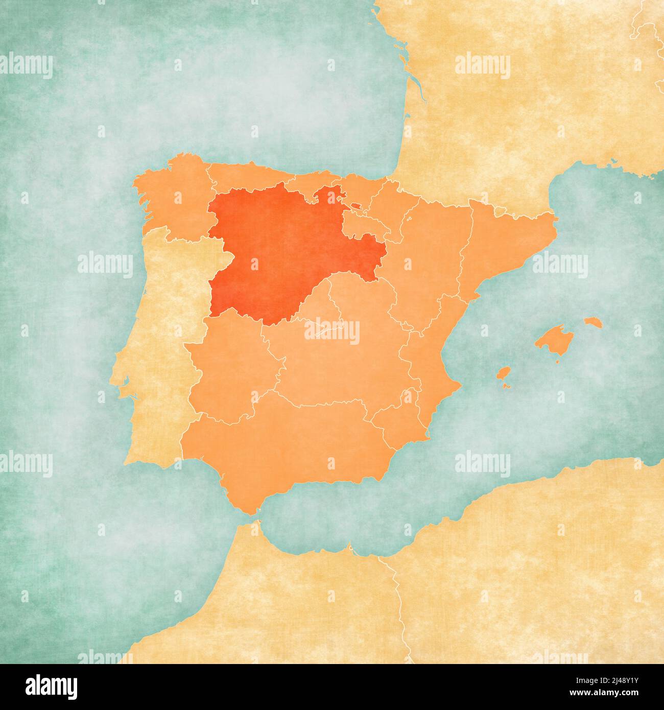 Castile and Leon (Spain) on the map of Iberian Peninsula in soft grunge ...