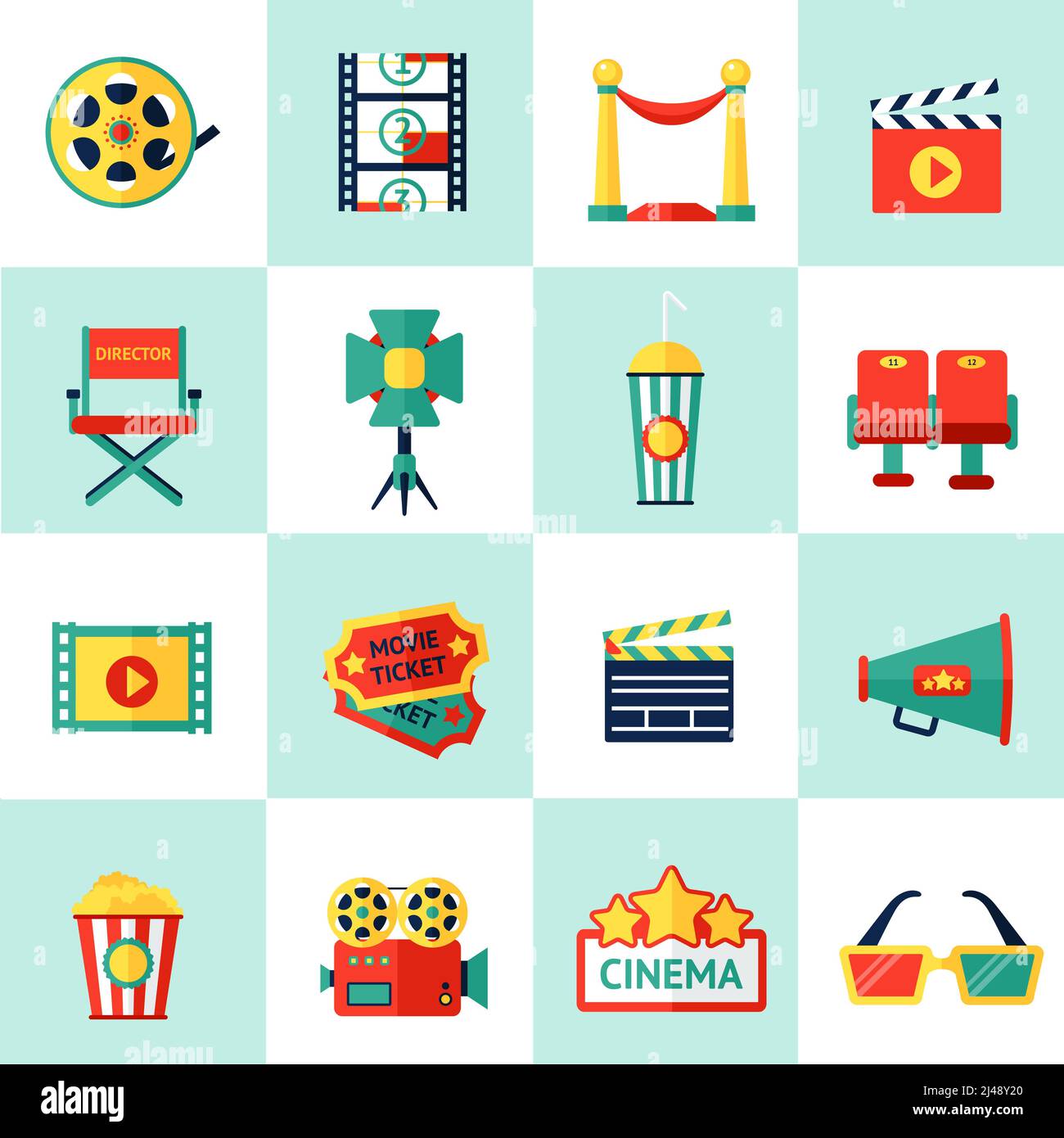 Cinema filmmaking icons set with film equipment and movie production ...