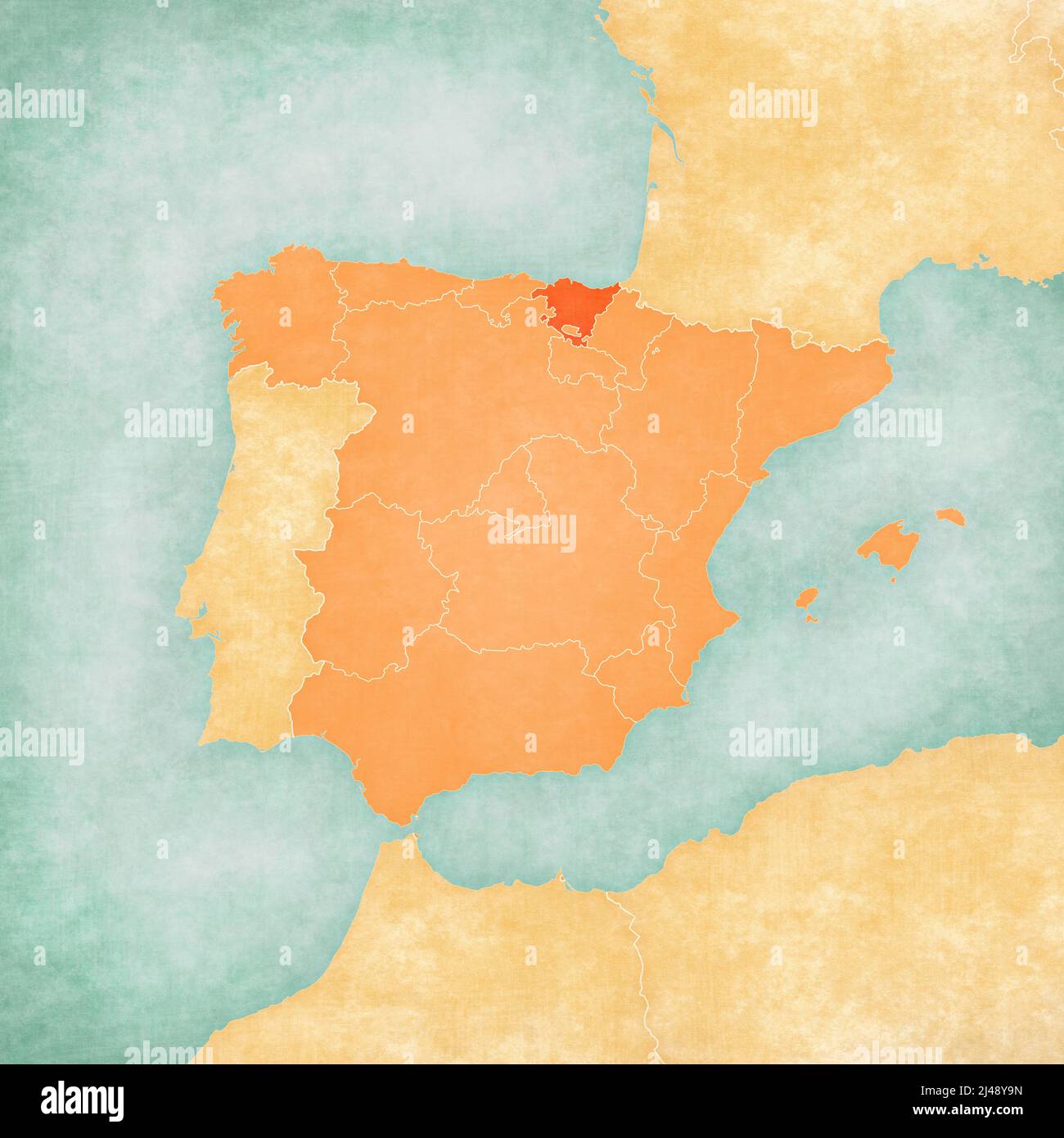 Basque Country (Spain) on the map of Iberian Peninsula in soft grunge ...