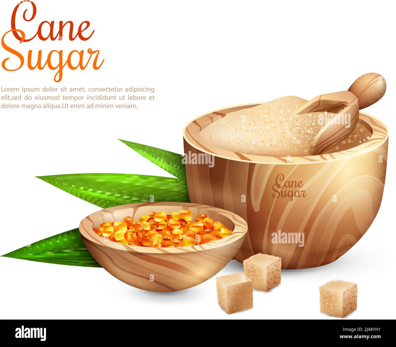 Cane sugar background with realistic images of wooden tub filled with ...