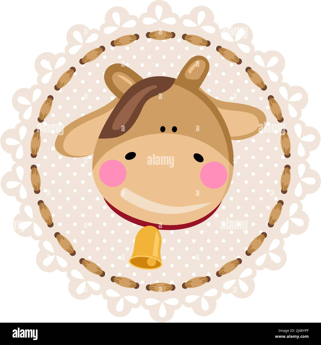 Cute brown cow head on decorative circle label Stock Photo - Alamy