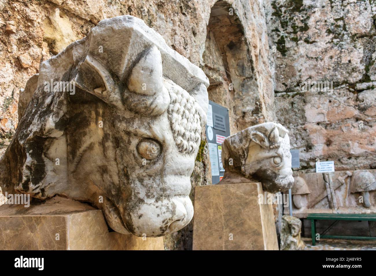 Marble carved artefacts as displayed in Archaeological Museum of Side ...