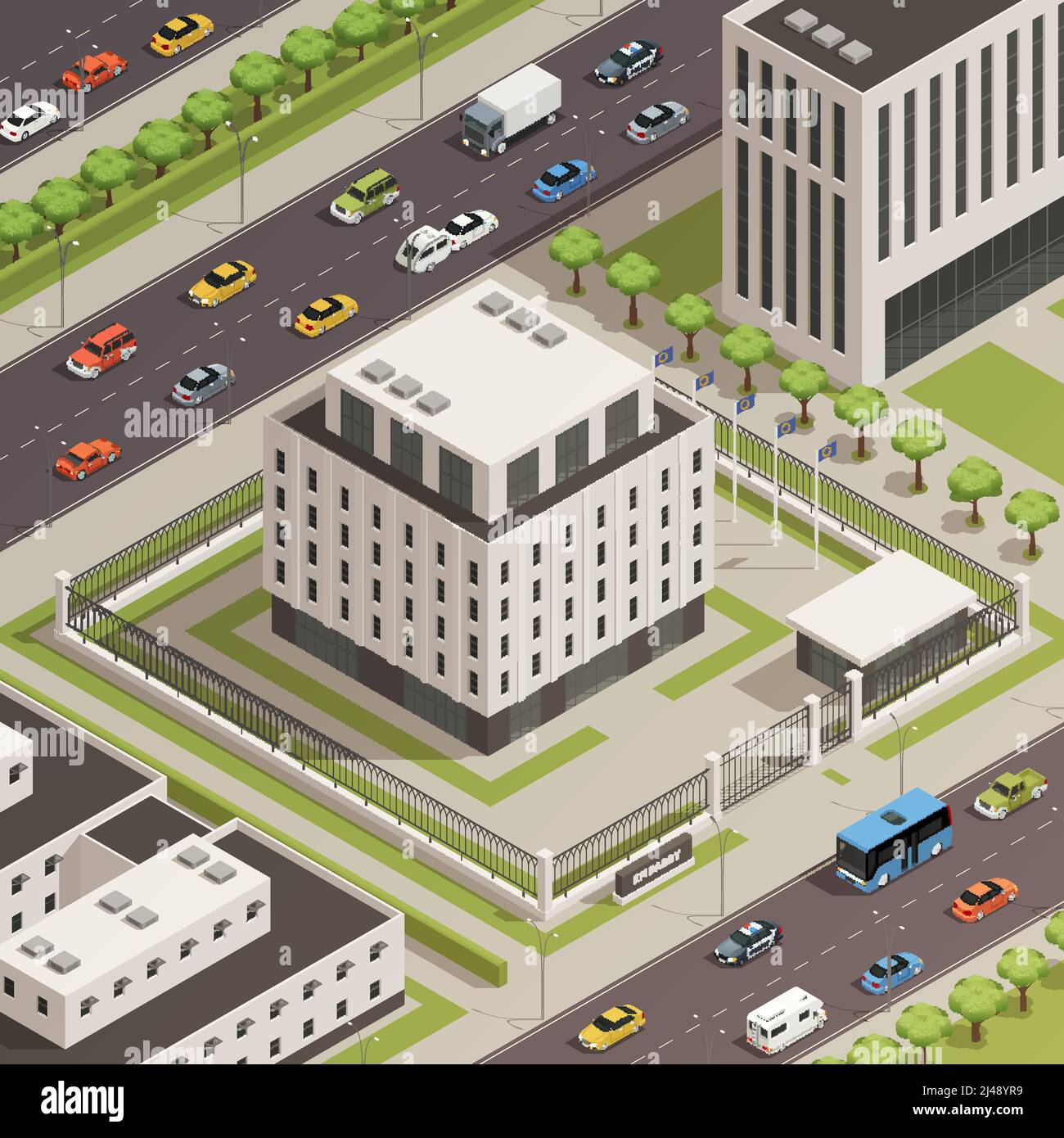 Modern white stone government building and surrounding city center area ...