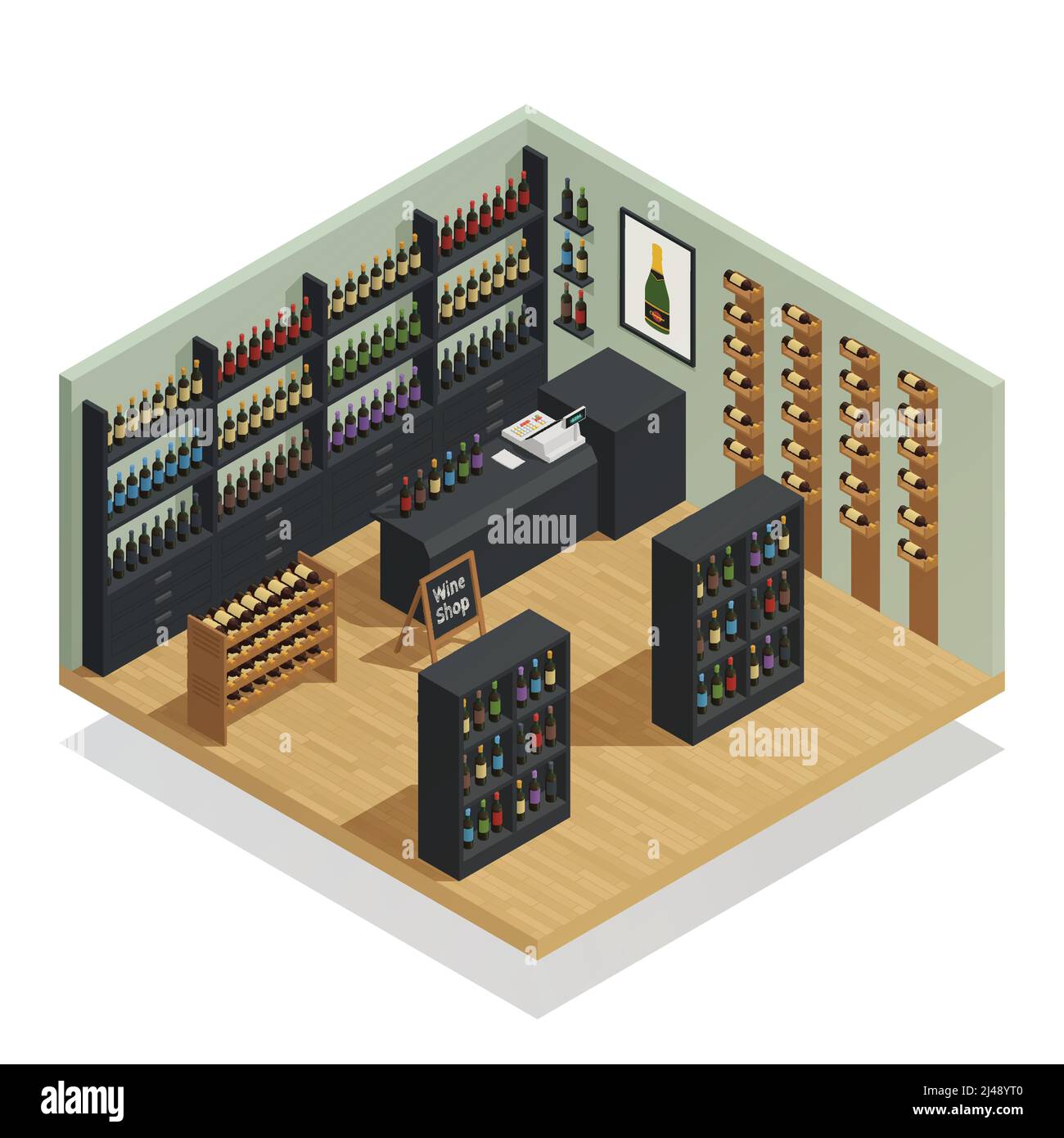 Wine shop interior isometric composition with counter cash register and ...