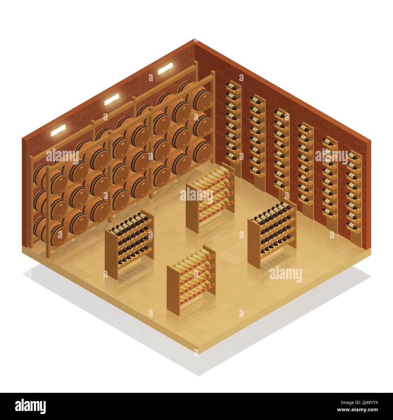 Wine cellar interior isometric composition with wooden barrels and ...