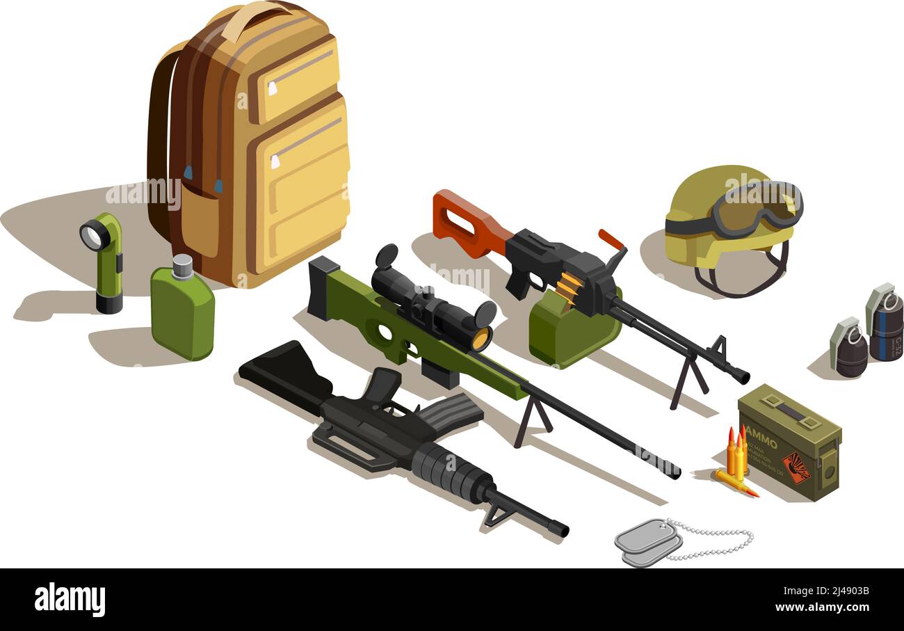 Army personnel military kit with individual combat weapon shotgun rifle ...