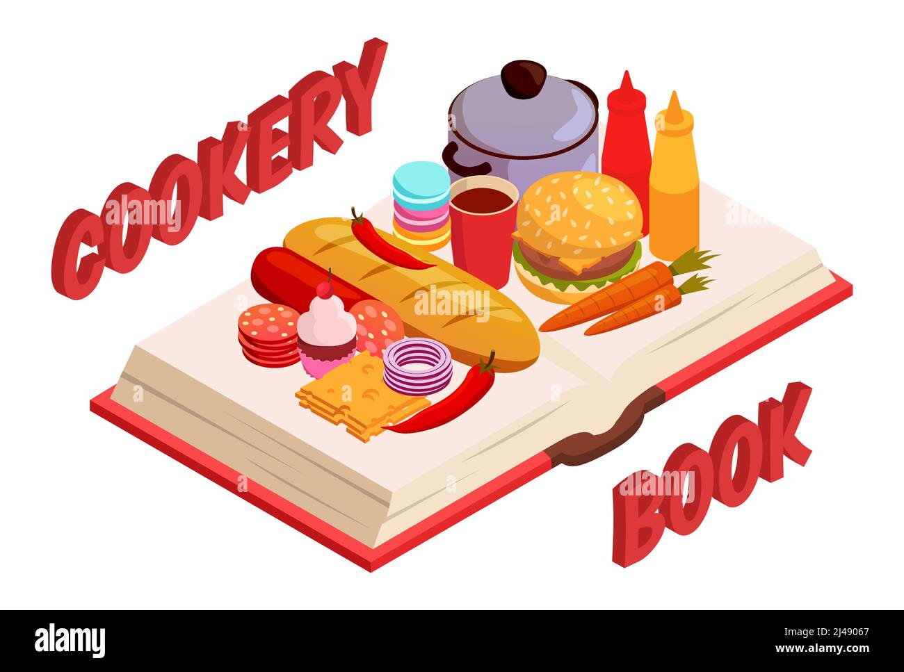 Culinary book isometric composition with bread and sweets, burger and ...
