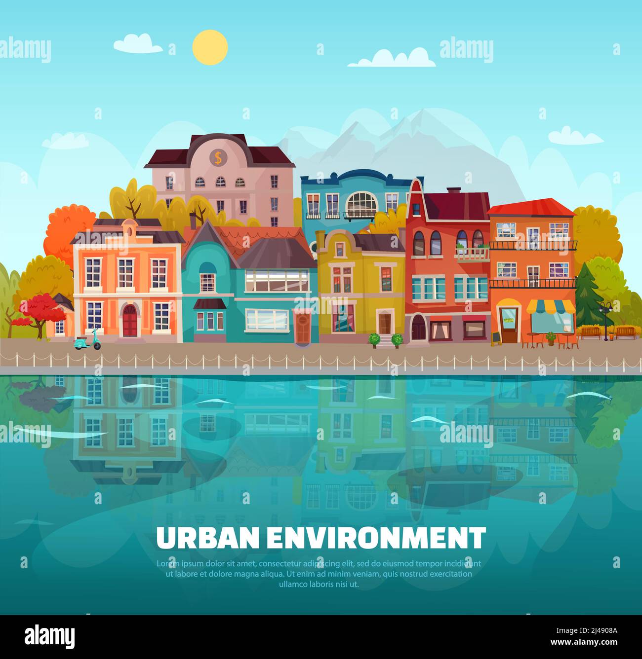 Urban environment background with buildings trees and river flat vector ...