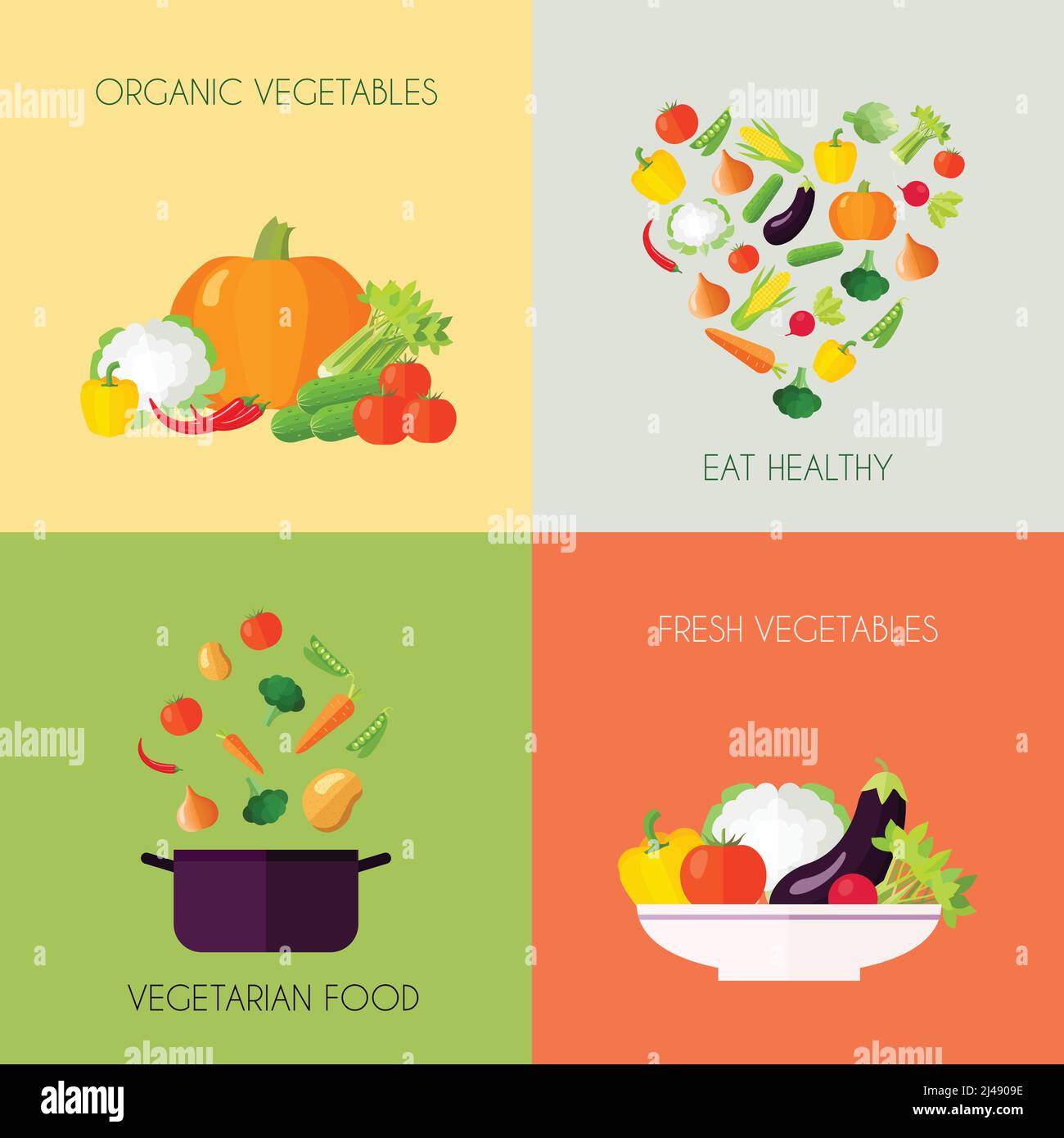 Vegetables flat icons set with organic vegetarian fresh food healthy ...