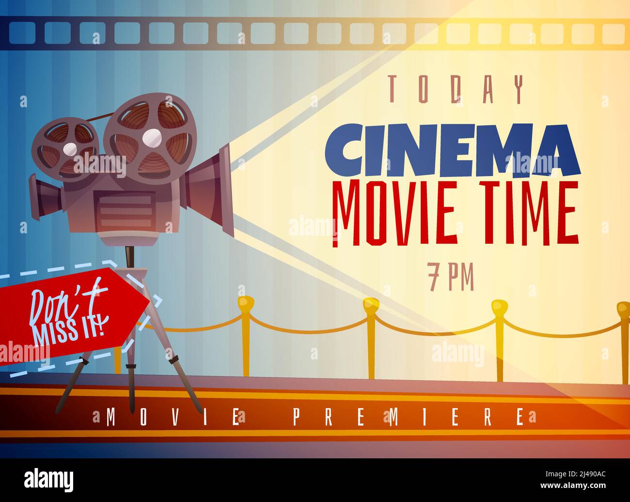 Cinema horizontal poster on blue striped background with reels on video ...