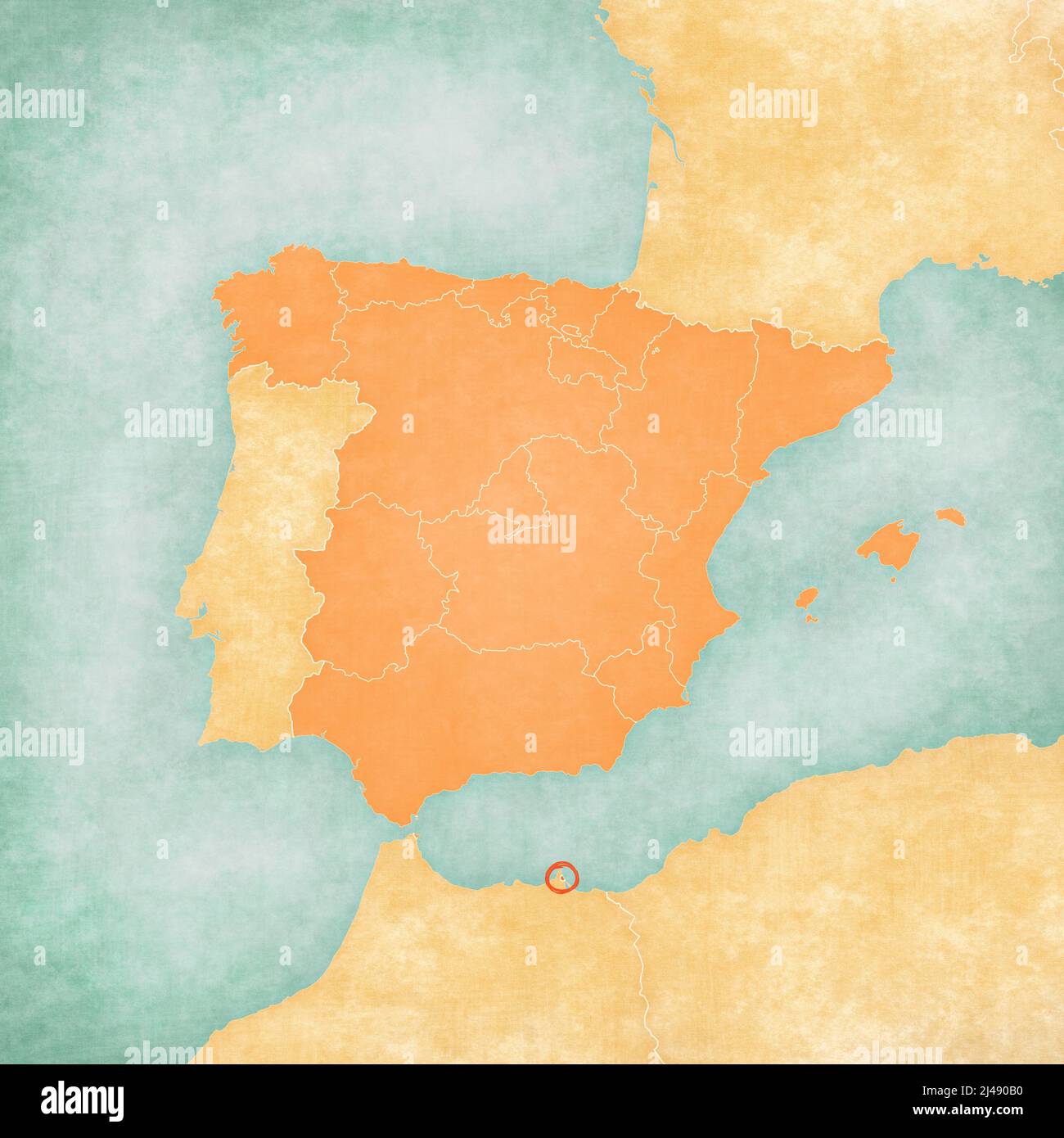 Melilla (Spain) on the map of Iberian Peninsula in soft grunge and ...