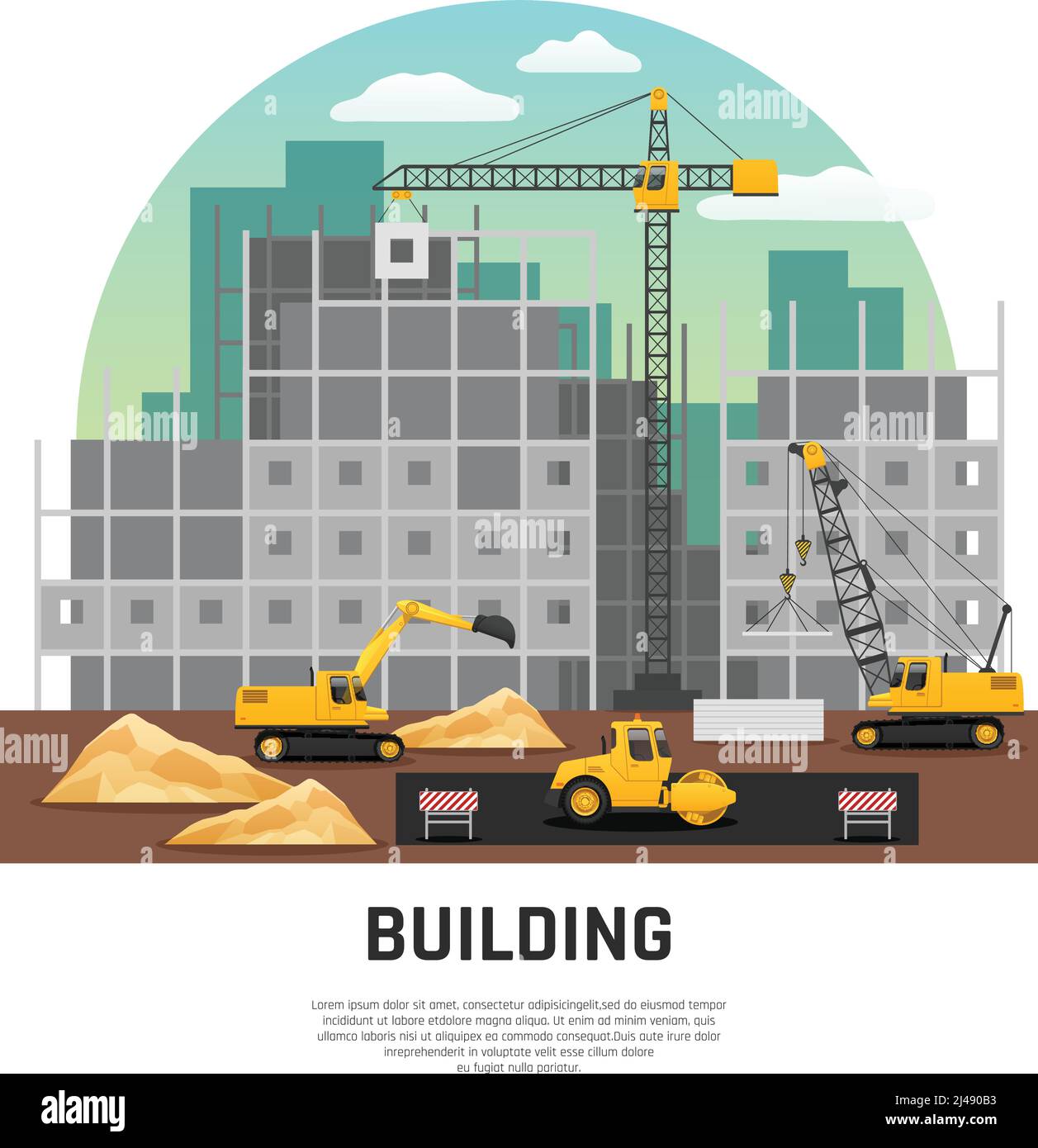 Modern building construction site with cranes and excavator machinery at work flat half-rond ...