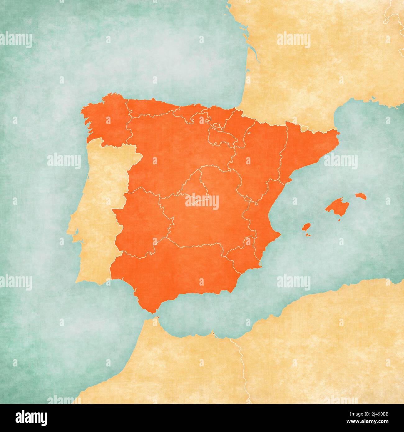 Spain (Inner Borders) on the map of Iberian Peninsula in soft grunge ...