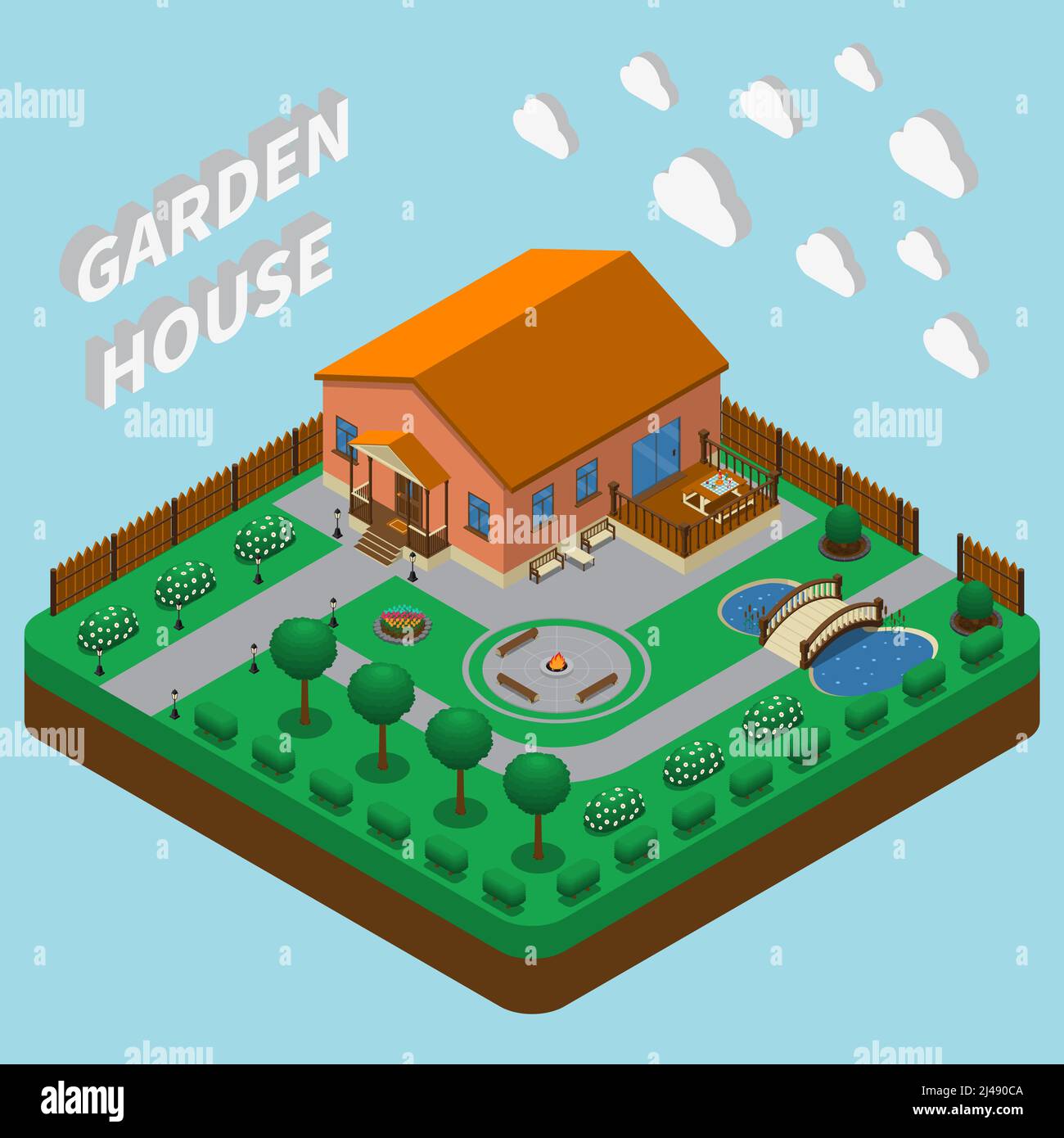 Isometric house composition with view of fenced territory with garden and cottage building with ...