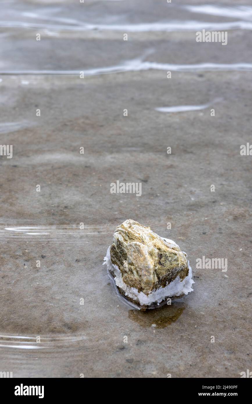 Stone with salt crystals lying in the shallow waters of the Jan Thiel ...