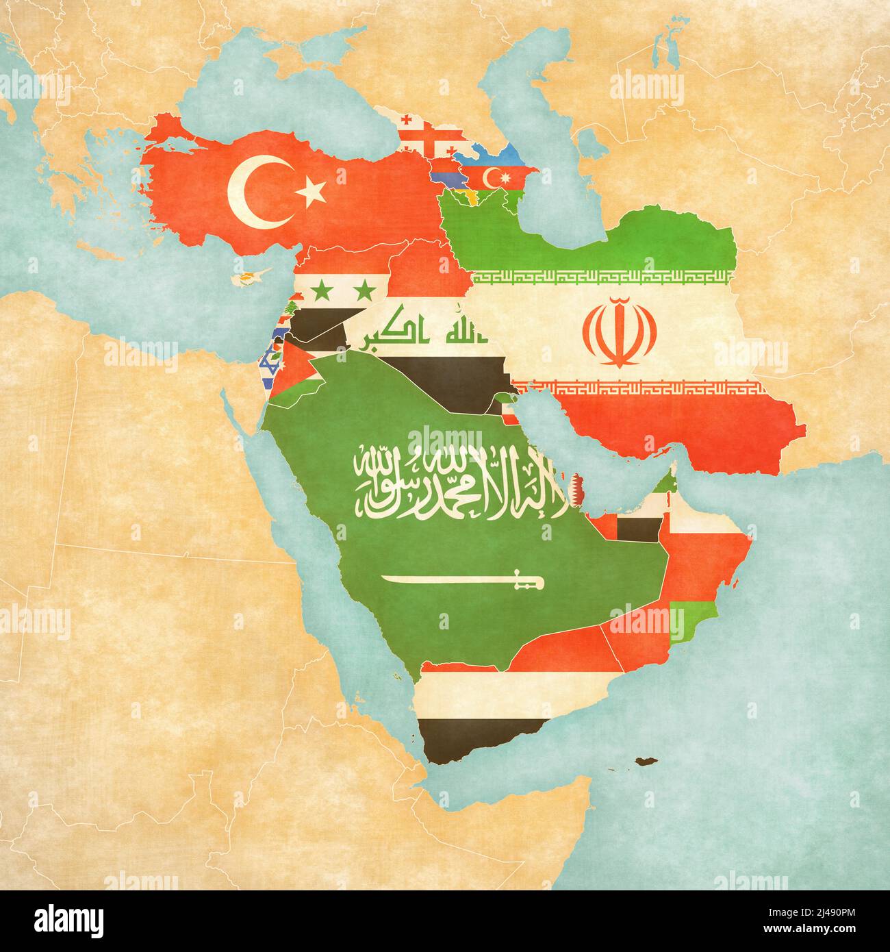 Flags of all countries on the map of Western Asia in soft grunge and ...