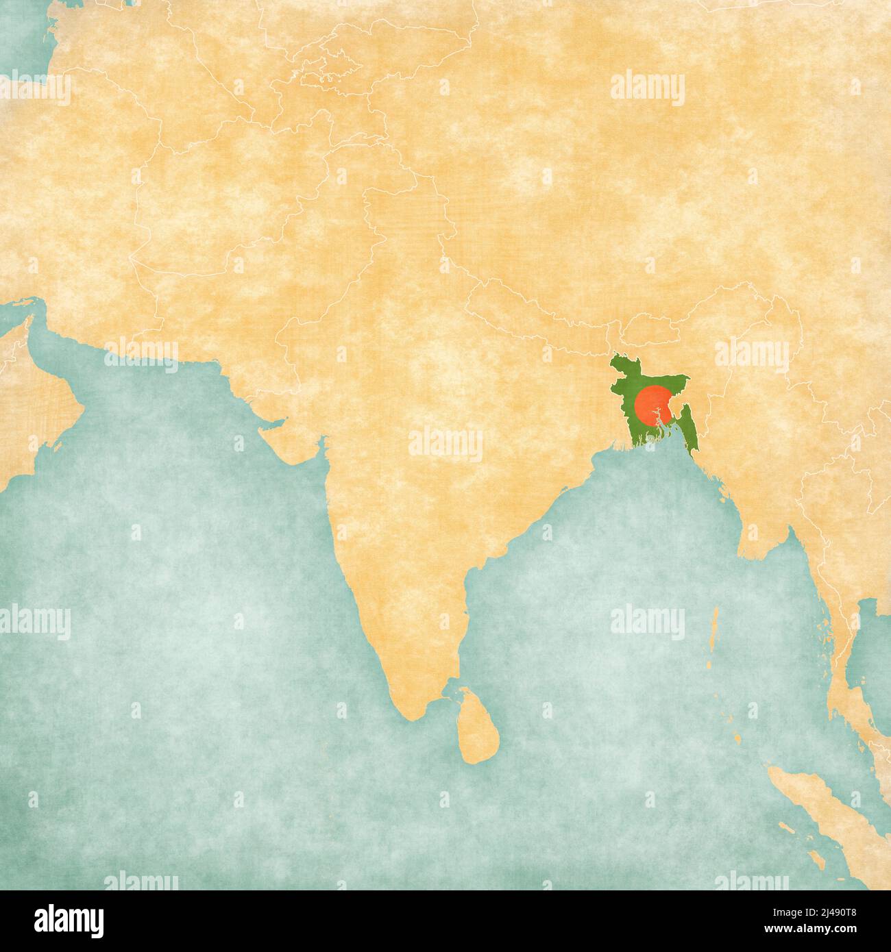 Bangladesh (Bangladeshi flag) on the map of South Asia in soft grunge ...
