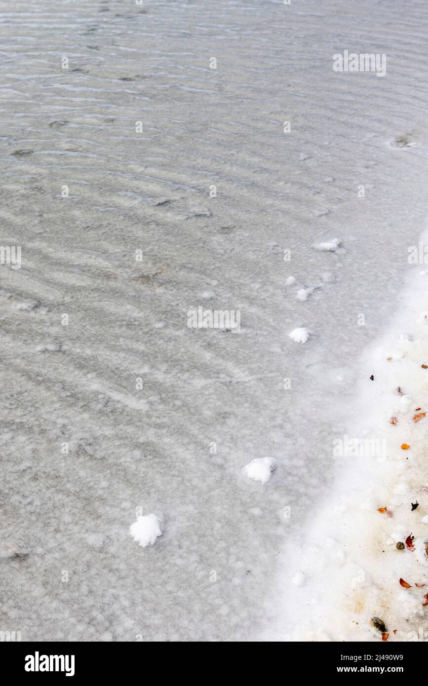 Shallow water covered with salt crystals at the Jan Thiel Salt Flats on ...