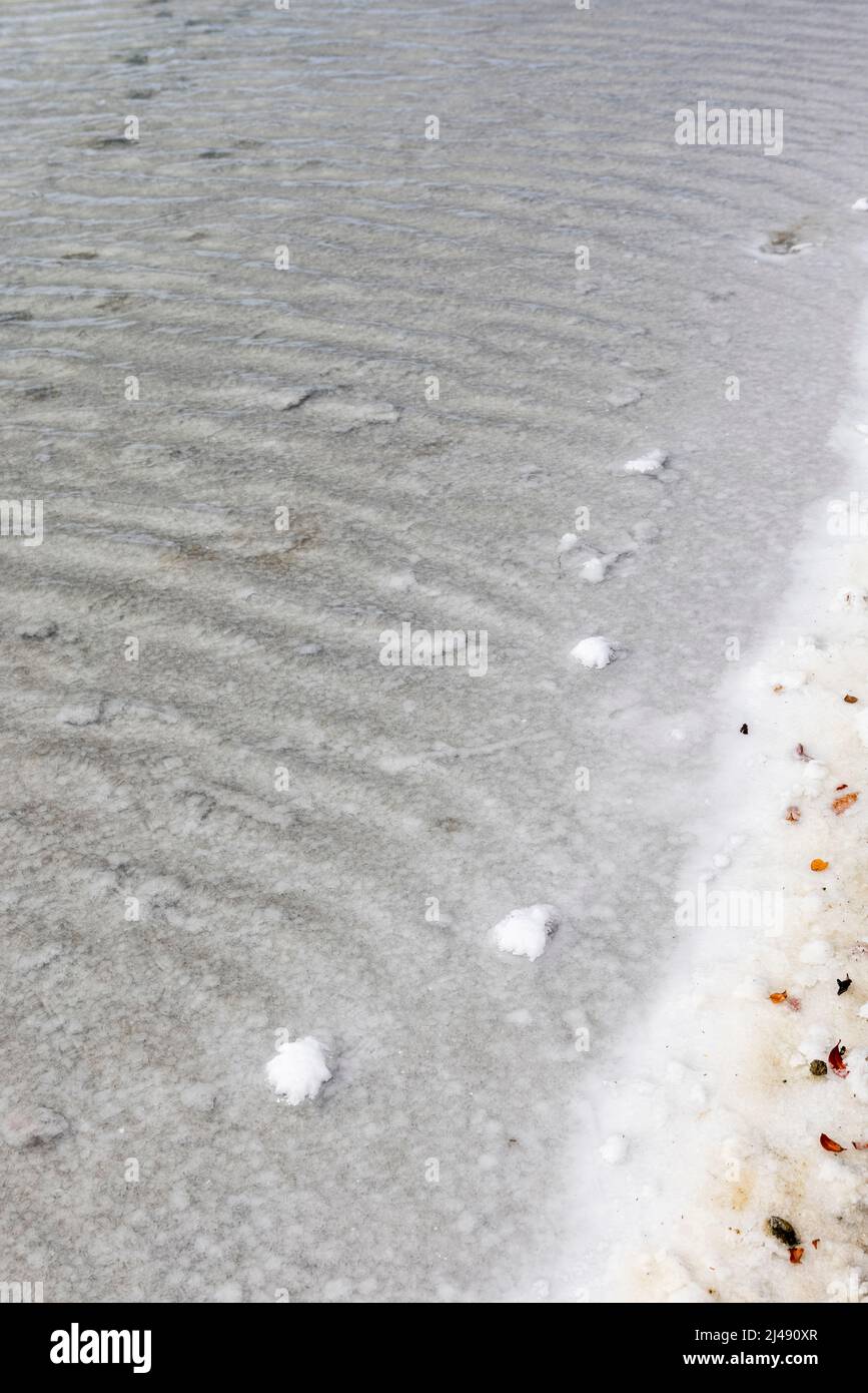 Shallow water covered with salt crystals at the Jan Thiel Salt Flats on ...