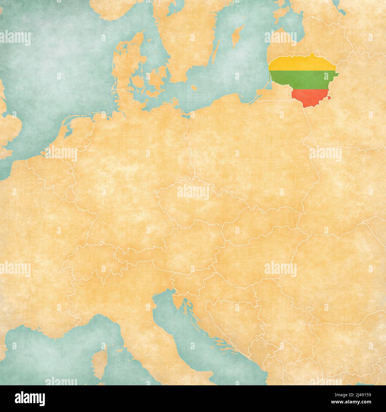 Lithuania (Lithuanian flag) on the map of Central Europe in soft grunge ...