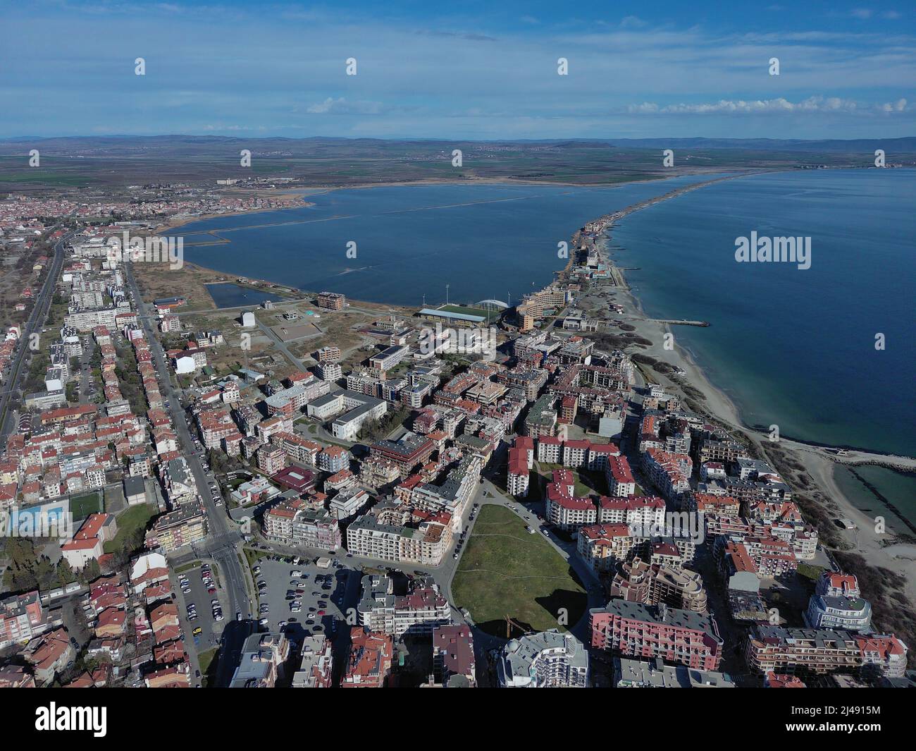 A bird's eye view of the small, densely populated old town of Pomorie ...