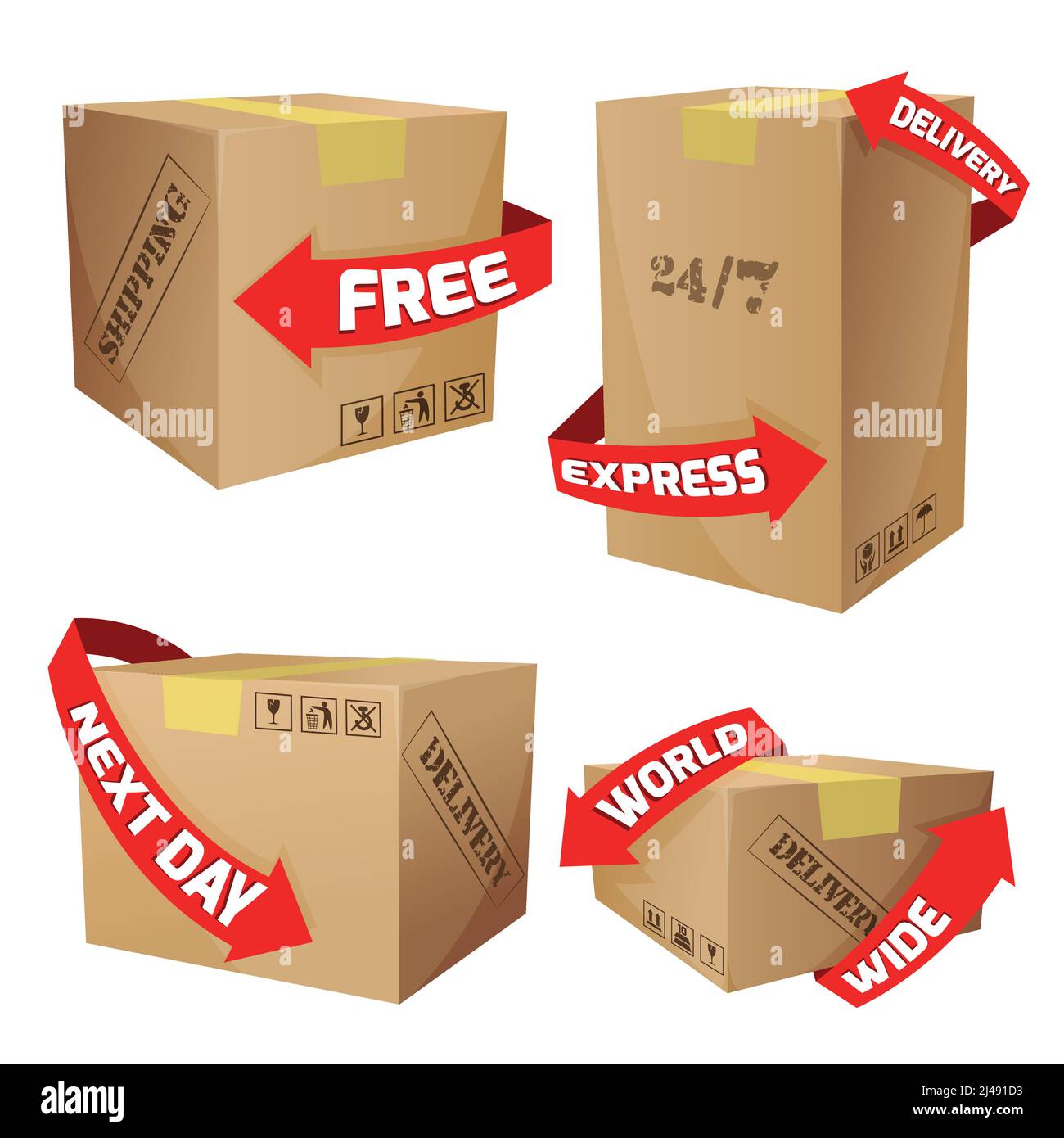 Cardboard boxes set with red arrows and delivery symbols isolated ...