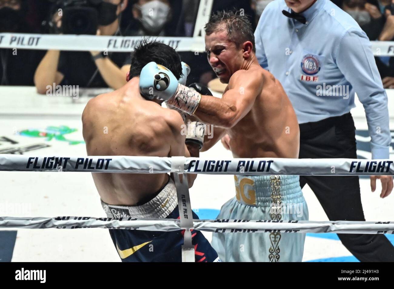 Ryota Murata of Japan (L) and Gennadiy Golovkin of Kazakhstan compete ...