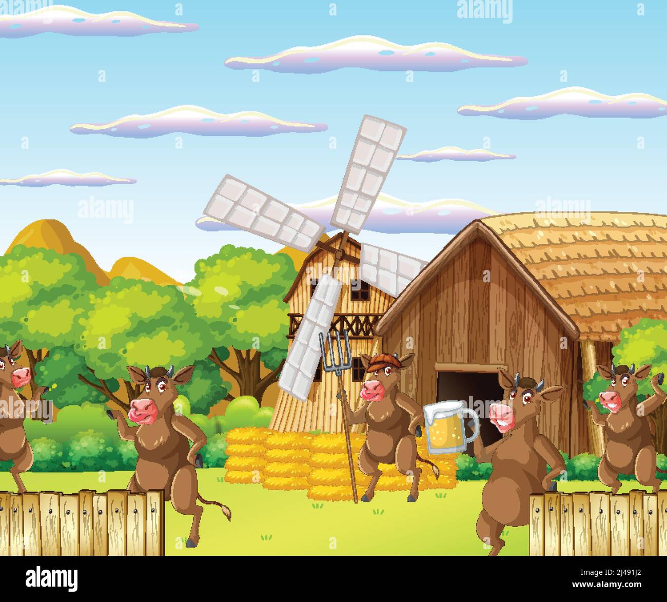 Outdoor cow farm scene with happy animals illustration Stock Vector ...