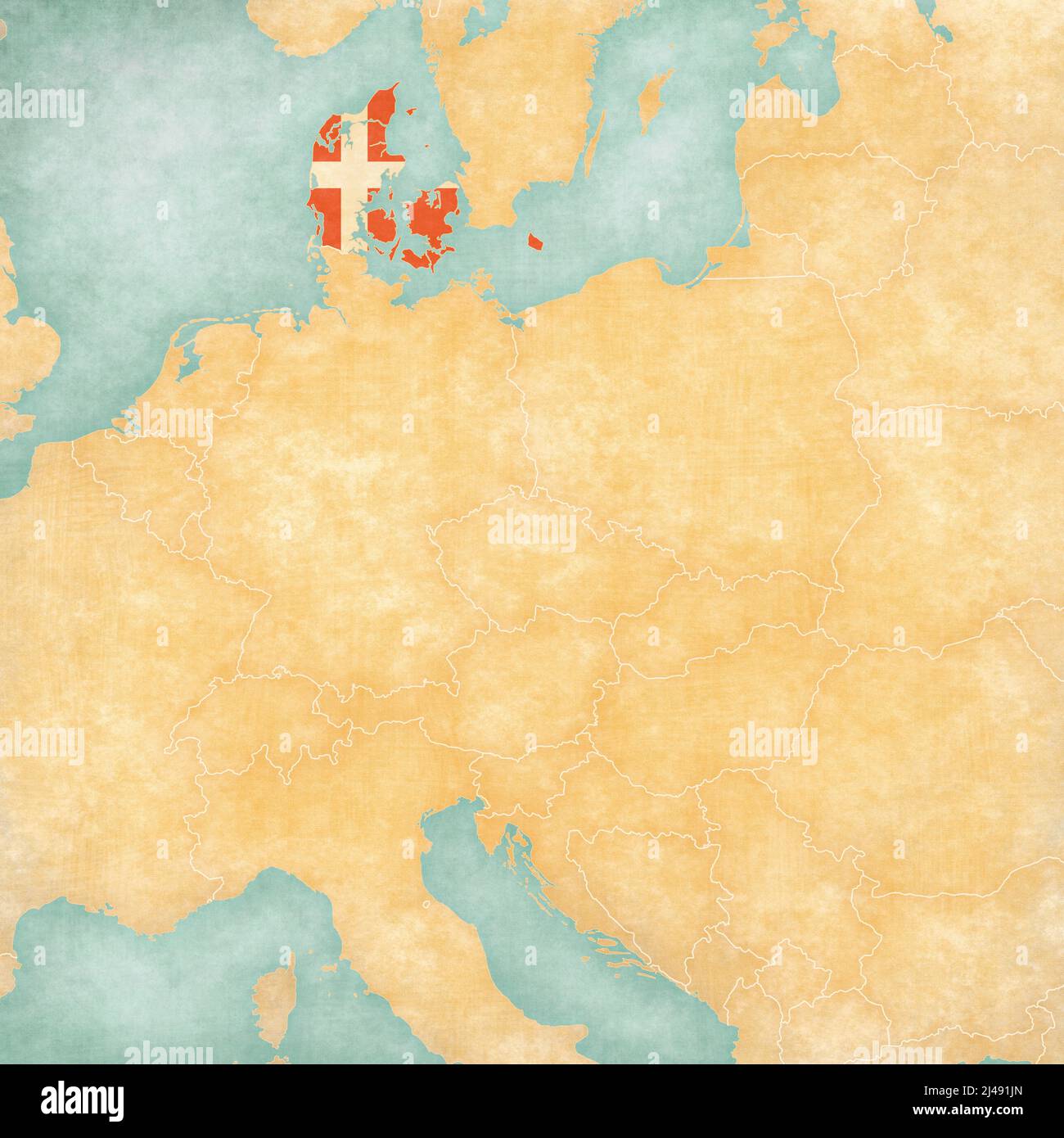 Denmark (Danish flag) on the map of Central Europe in soft grunge and ...