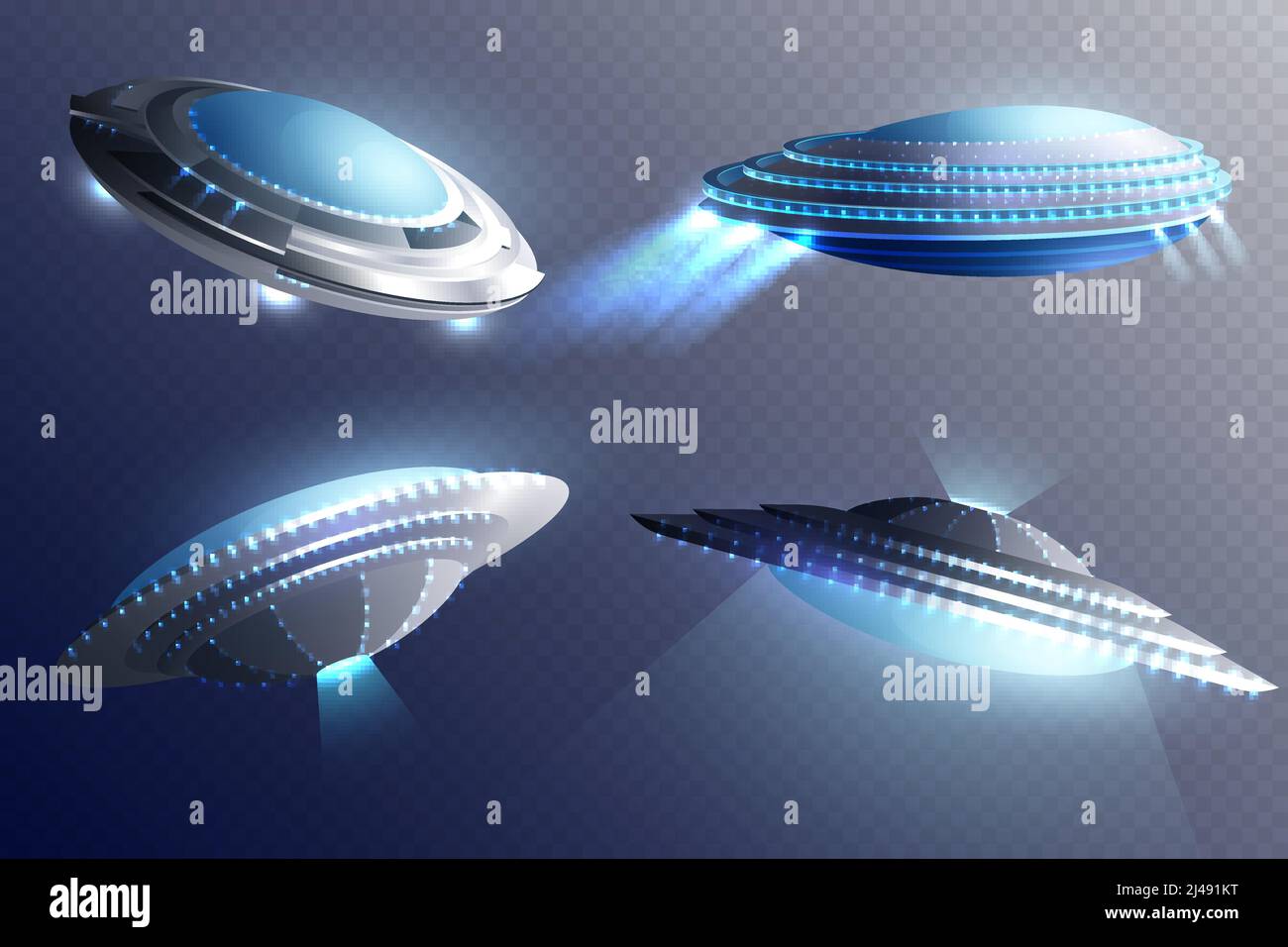 Set of glowing alien spaceships in saucer shape isolated on transparent ...