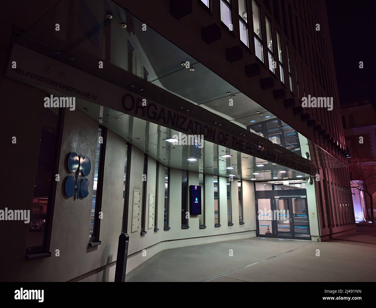 View of the building entrance of the headquarters of the Organization ...