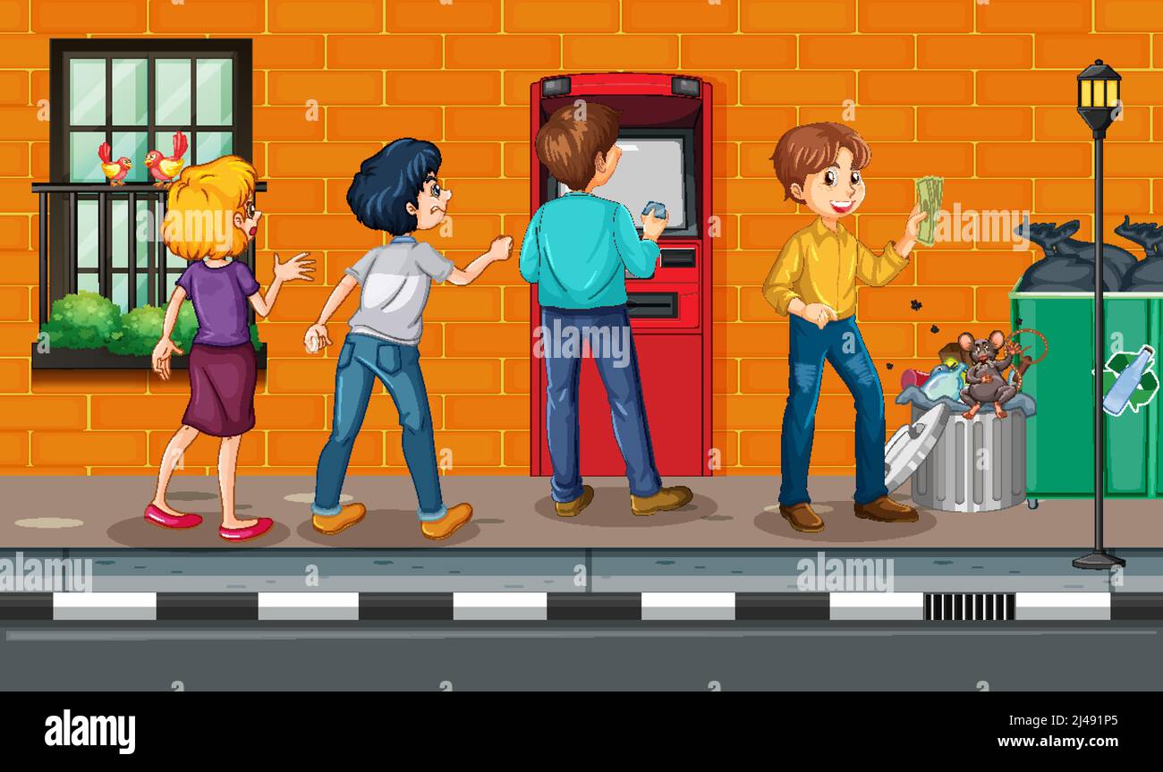 People waiting in line near atm machine illustration Stock Vector Image ...