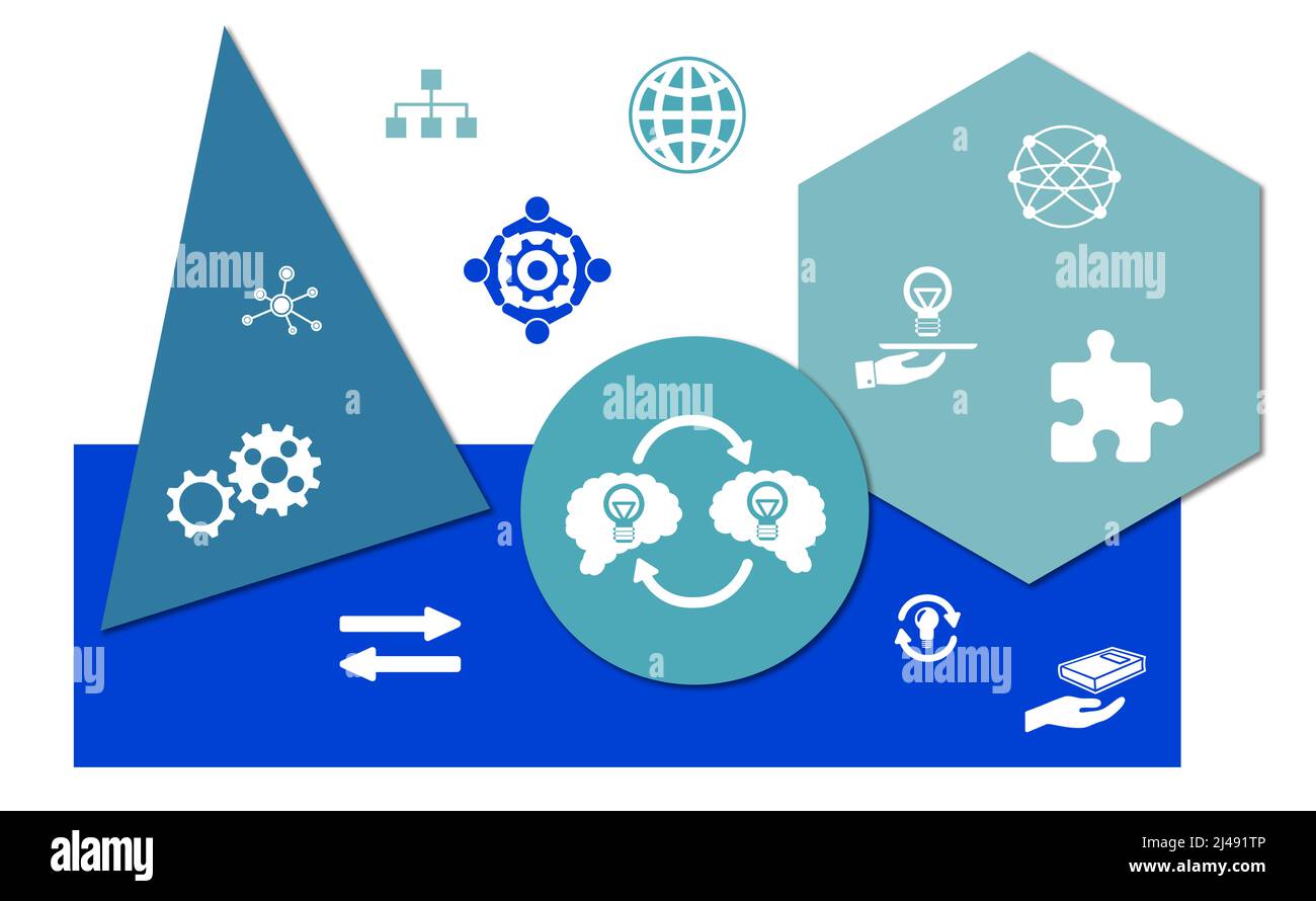 Concept of knowledge sharing with icons on geometric shapes background ...