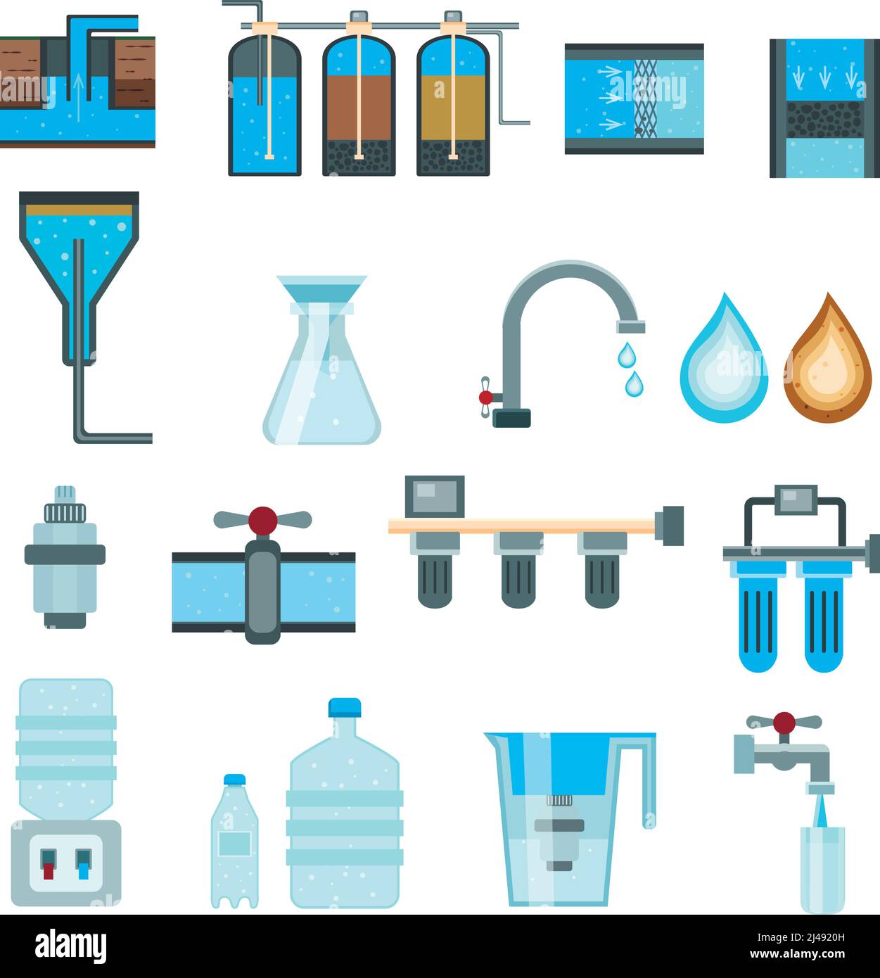 Water filtration set of flat icons with industrial treatment system ...