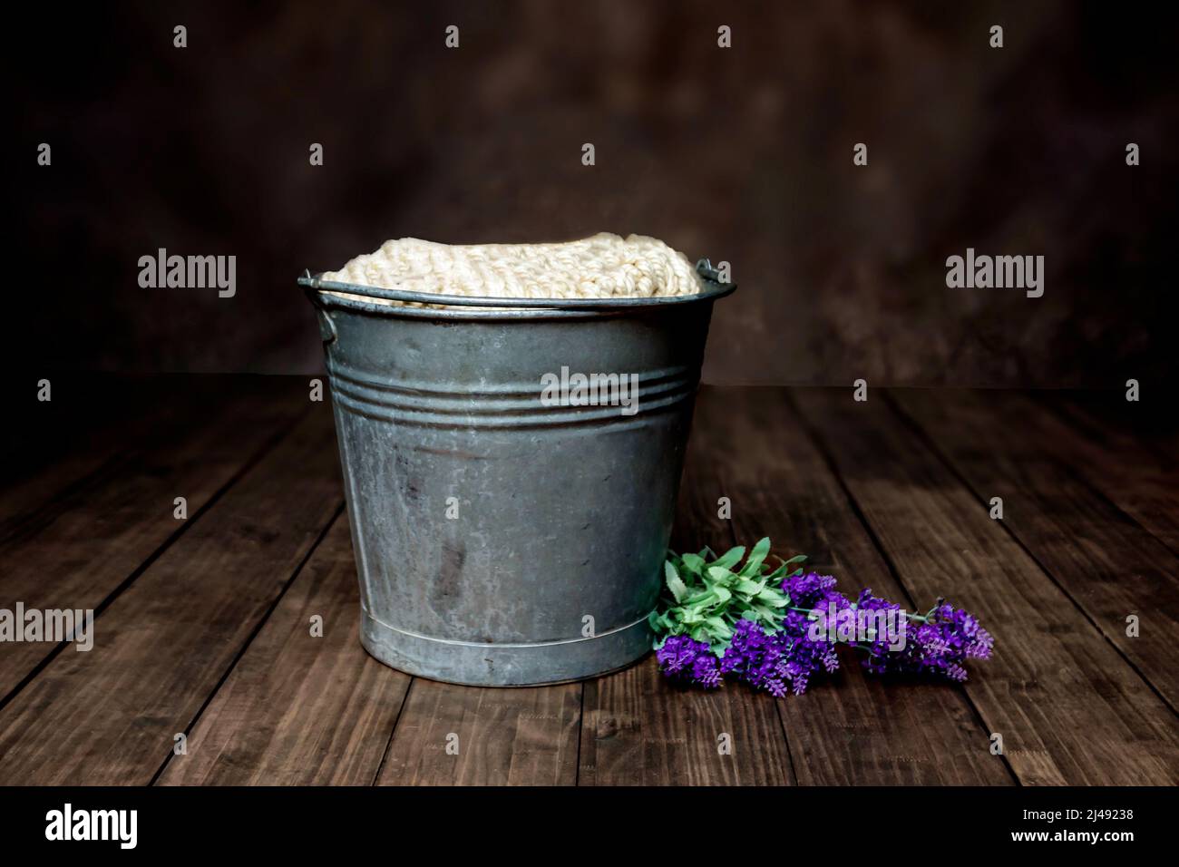 Newborn Baby Digital Background Rustic vintage bucket on a dark brown ...
