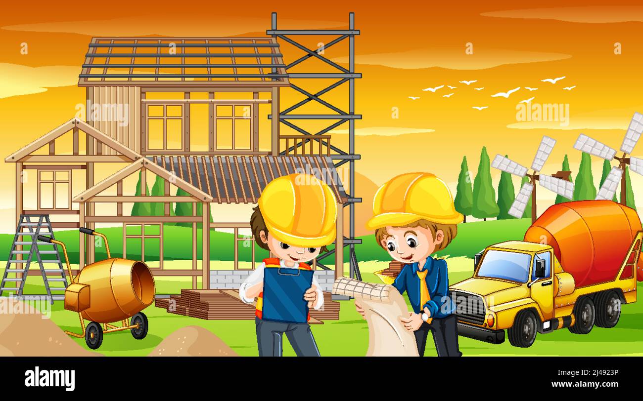 Cartoon scene of building construction site illustration Stock Vector ...