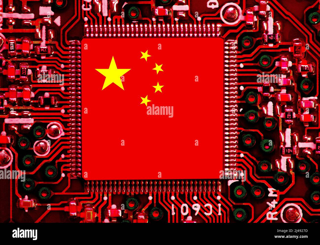 Chinese National Flag overlaid on PC micro chip on integrated circuit ...