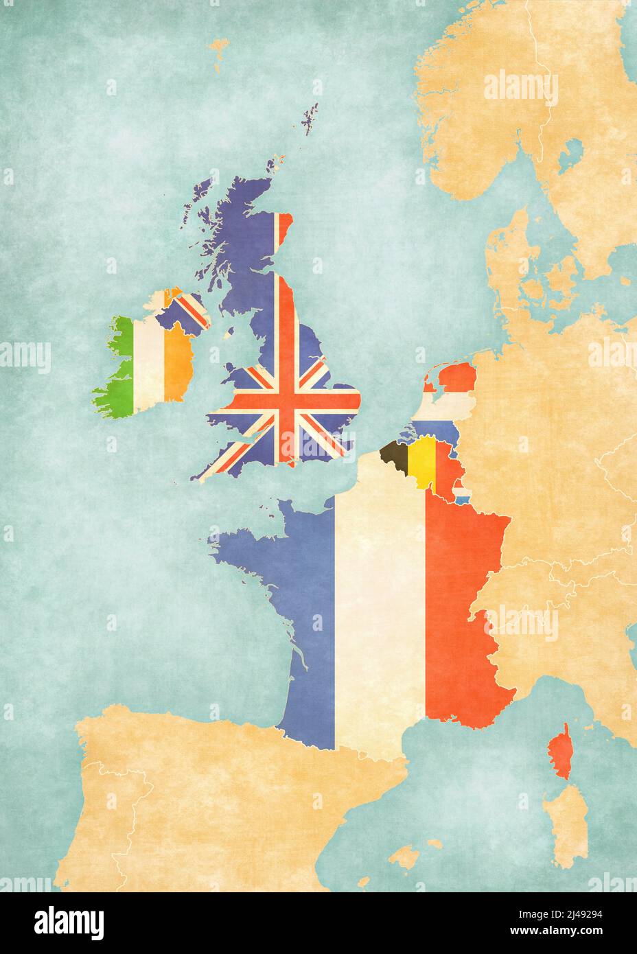 Flags of all countries on the map of Western Europe in soft grunge and ...