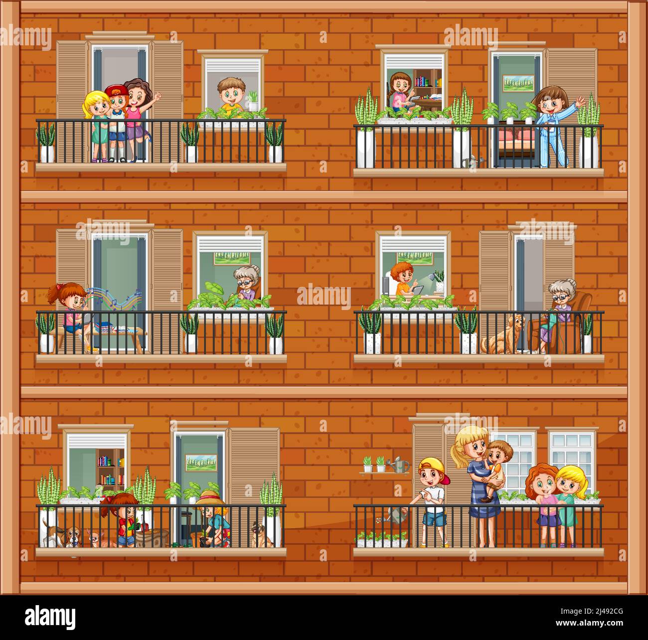 Apartment windows with neighbors cartoon character illustration Stock ...