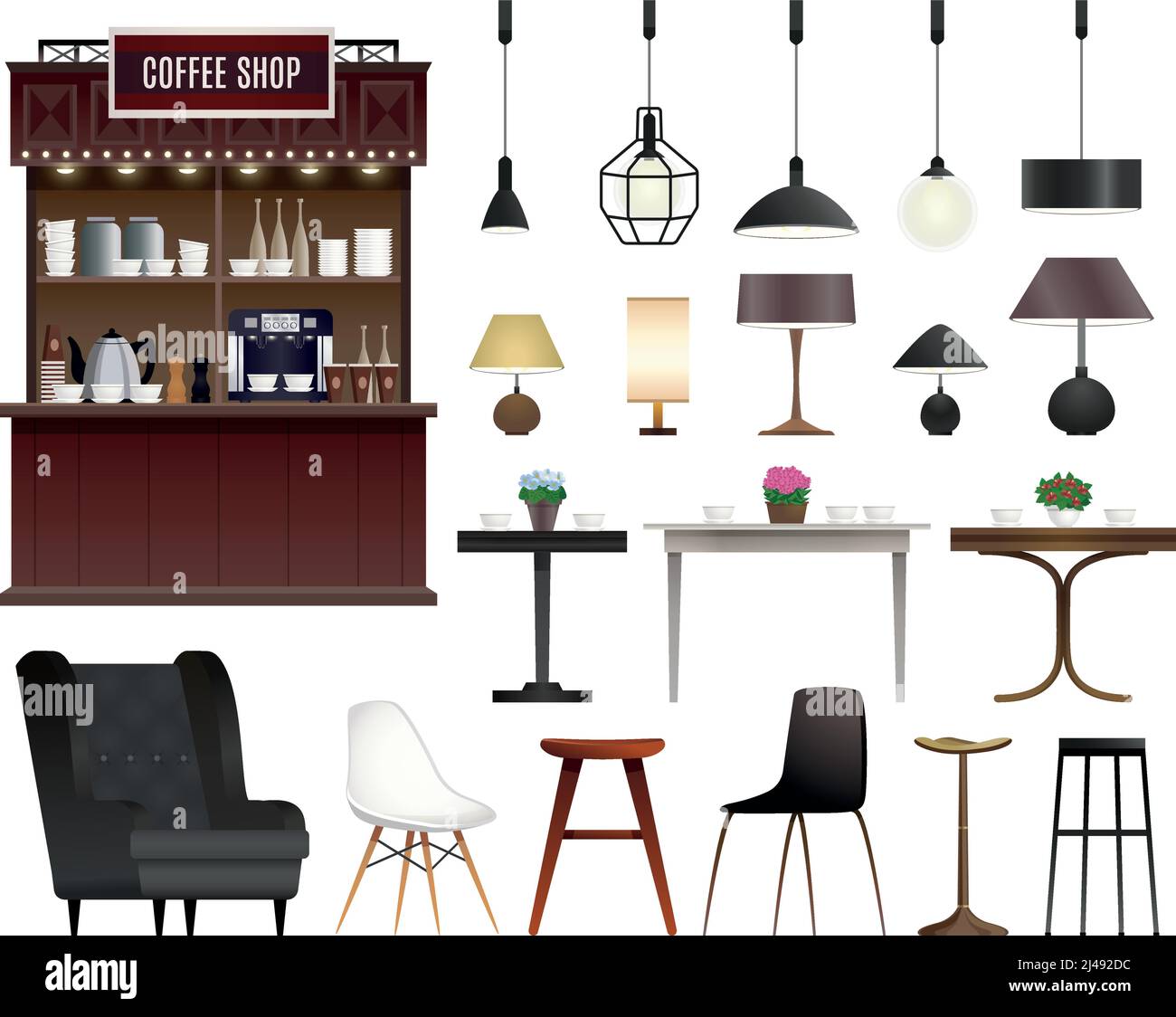 Cafe coffee shop interior details realistic set with chairs stools ...