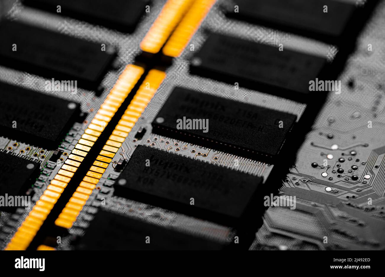 Macro Close up of computer RAM chip; random access memory chip slot for ...