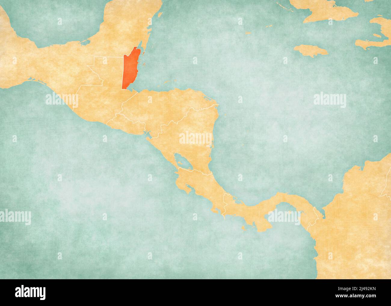 Belize on the map of Central America in soft grunge and vintage style ...
