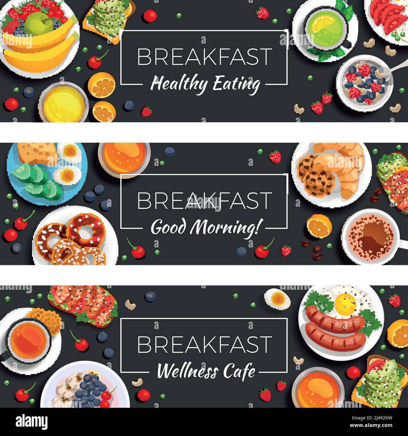 Breakfast horizontal banners with healthy eating products wellness cafe ...